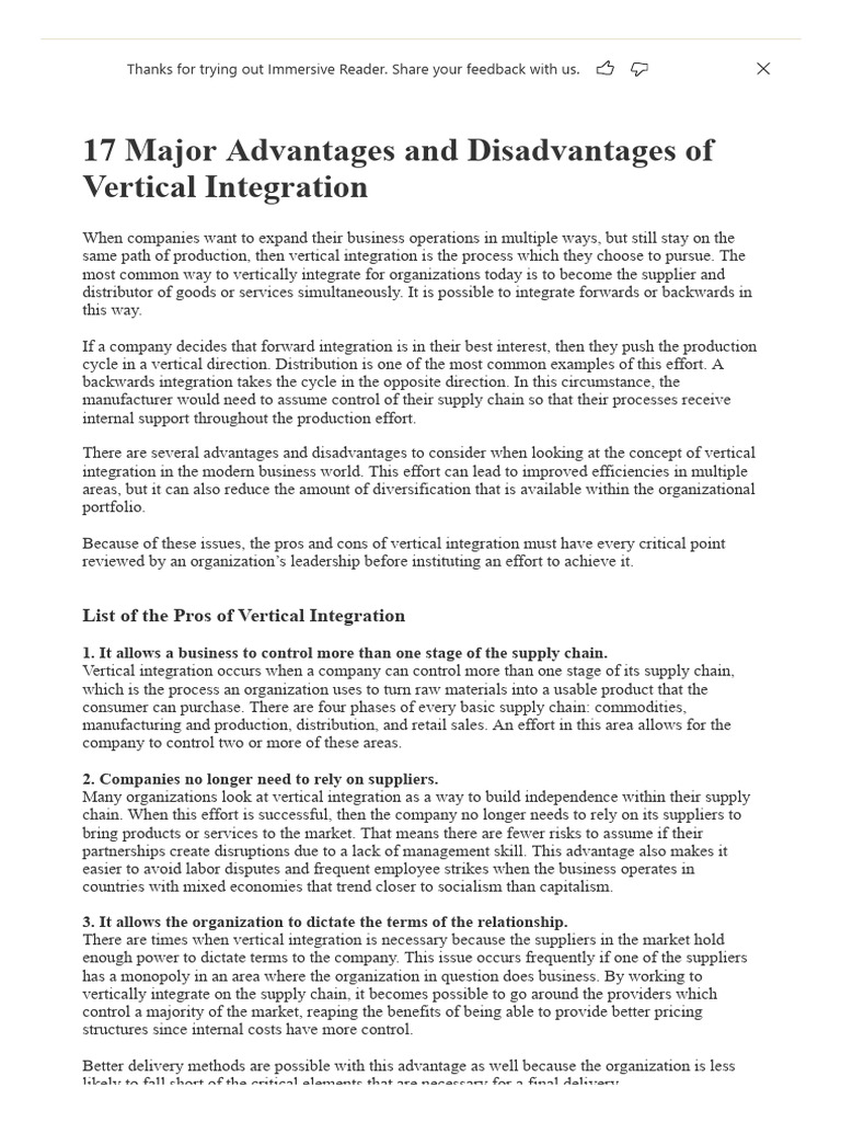 17 Major Advantages and Disadvantages of Vertical Integration | PDF ...