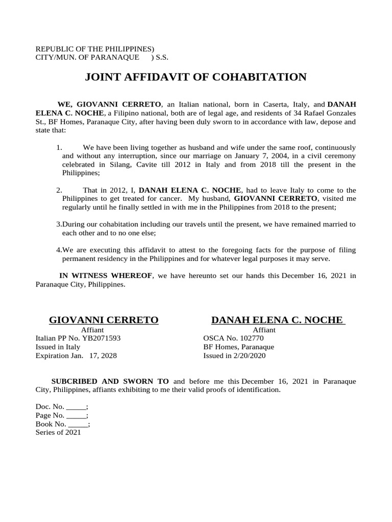 Joint Affidavit of Cohabitation | PDF