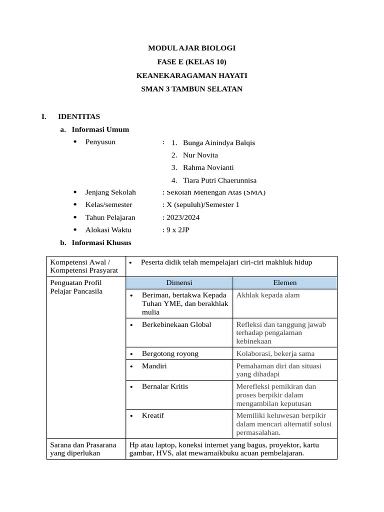 Modul Ajar Biologi Kelas 10: Keanekaragaman Hayati | PDF