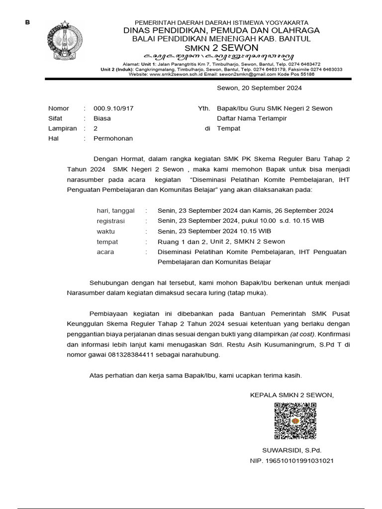 Surat Undangan Diseminasi Pelatihan Komite Pembelajaran - Gukar | PDF