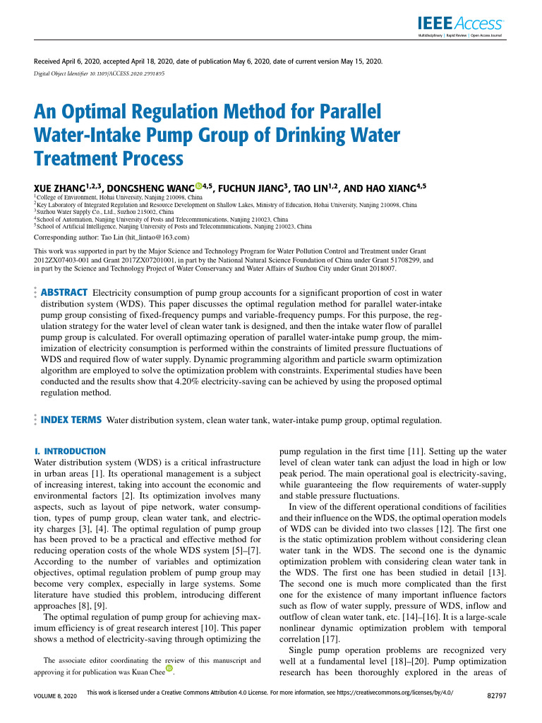 An Optimal Regulation Method For Parallel Water-Intake Pump Group of Drinking Water Treatment ...