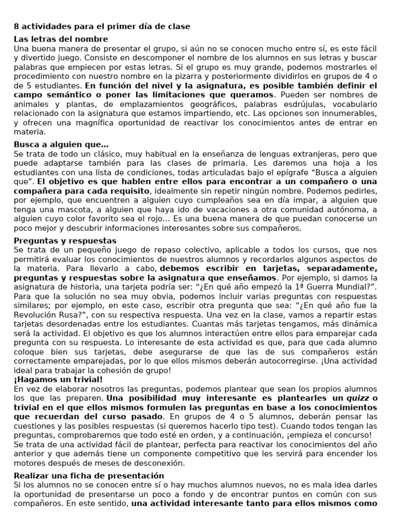 Actividades para el primer día de clase | PDF | Salón de clases