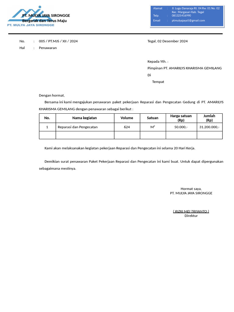 Surat PT Mulya Jaya Sirongge | PDF