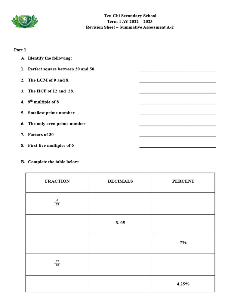 (Template) Revision Sheet - Summative Assessment A-2 | PDF | Numbers ...