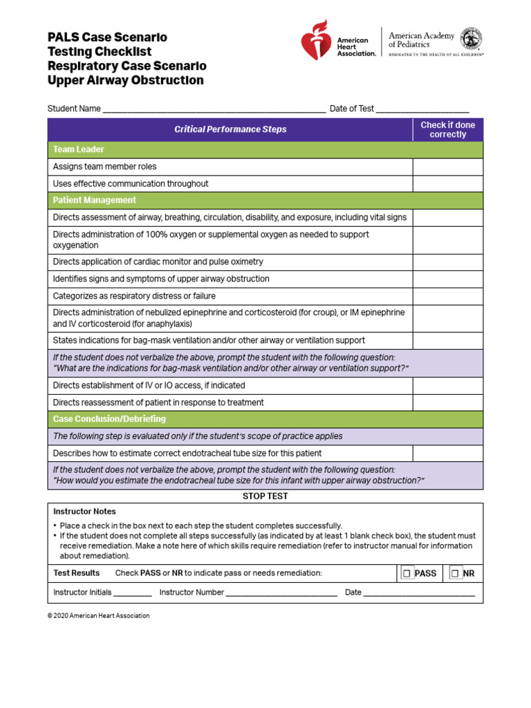 PALS Case Scenario Checklists | PDF | Cardiopulmonary Resuscitation ...