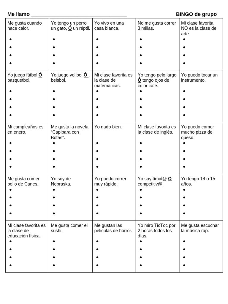 Bingo de Grupo: Intereses y Preferencias | PDF