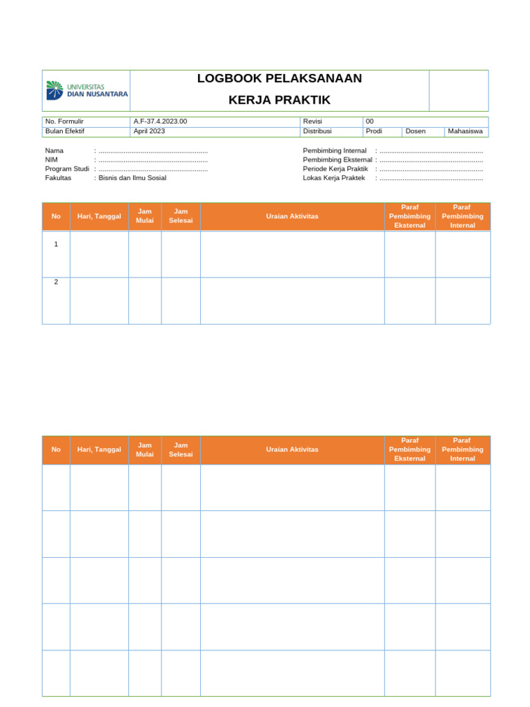01. Formulir Logbook Kegiatan Kerja Praktik - Ilkom Undira | PDF