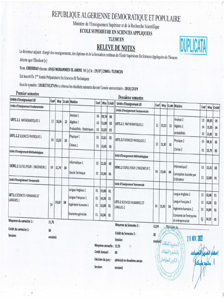 Relevé de Note 1ére Année 2019 - Compressed - Rotated | PDF