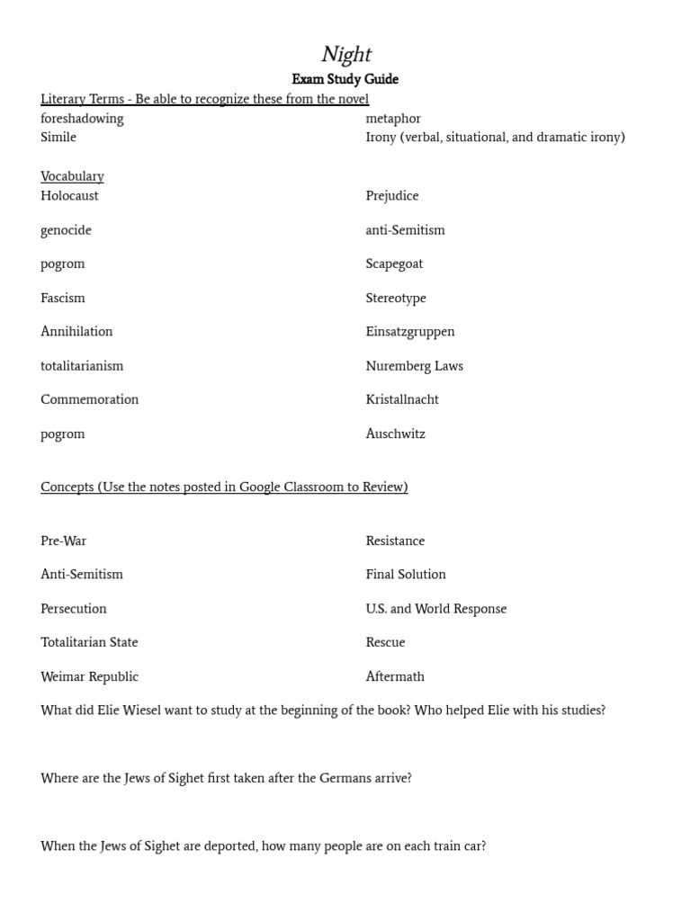 Night Study Guide | PDF | Schutzstaffel | Auschwitz Concentration Camp