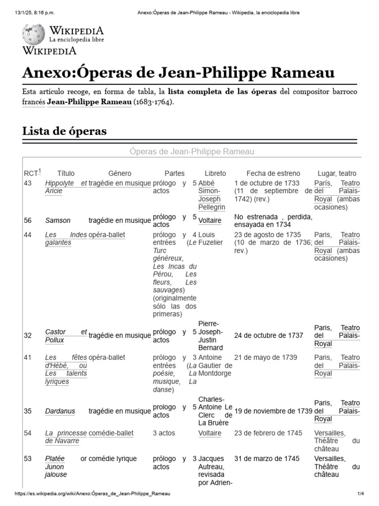 Óperas de Rameau en Tabla | PDF | Música francés | Composiciones ...