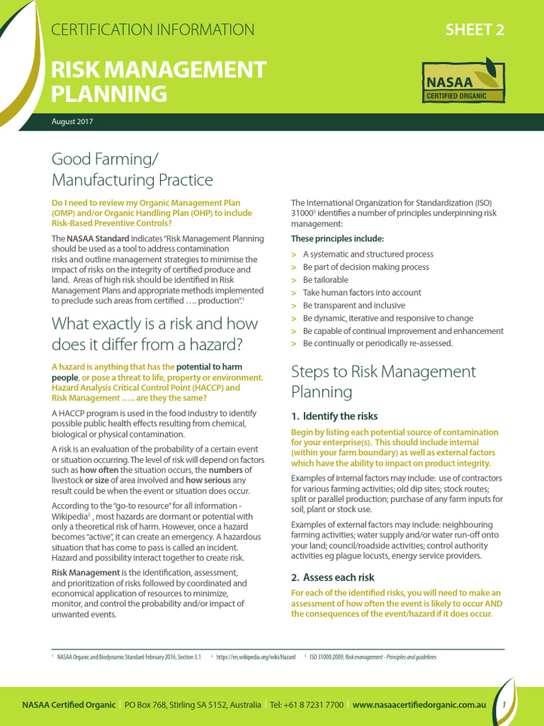 INFO SHEET 2 Risk Managment Planning 300817 | PDF | Risk Management | Risk