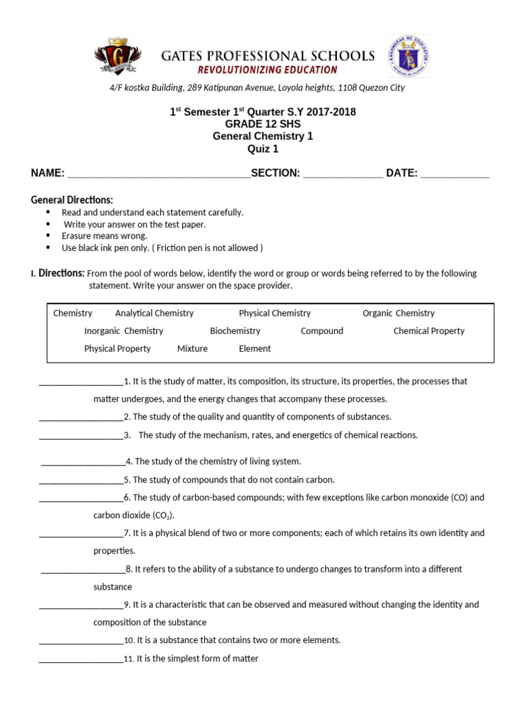 Grade 12 General Chemistry Quiz 1 | PDF | Chemical Substances | Chemistry