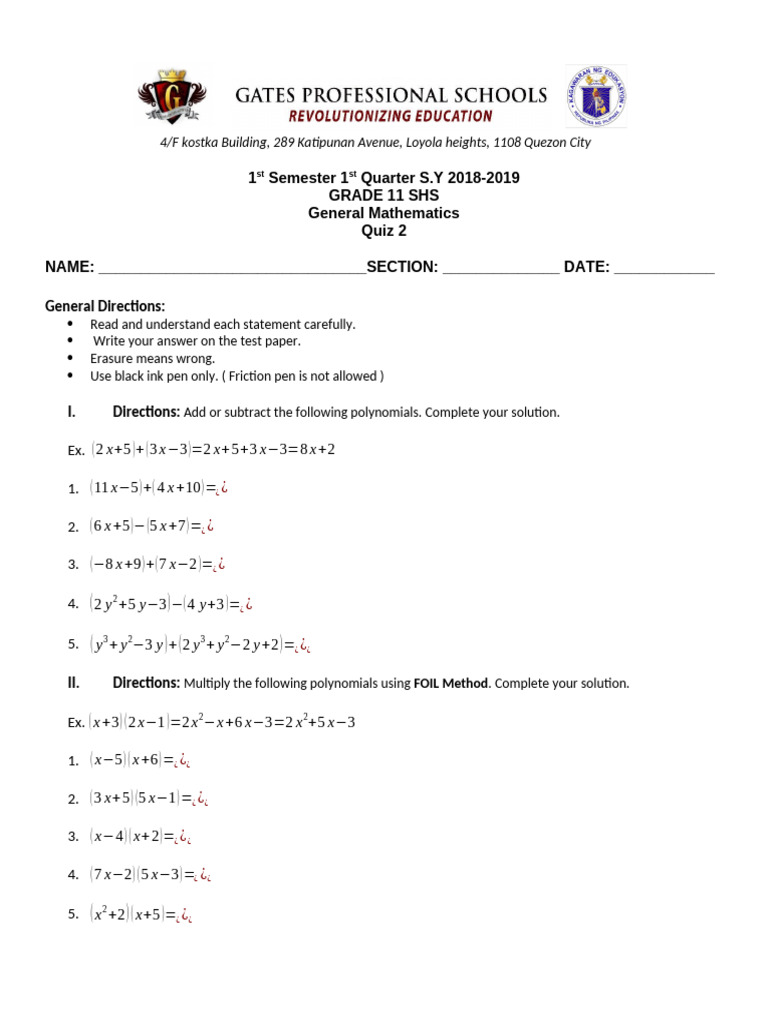 1sts 1stq Quiz2 General Mathematics | PDF | Abstract Algebra | Arithmetic