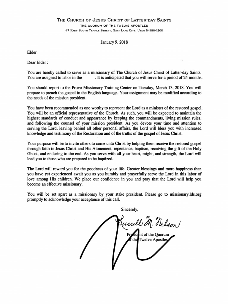 Missionary Call Letter - Russell M. Nelson President of The Quorum of ...