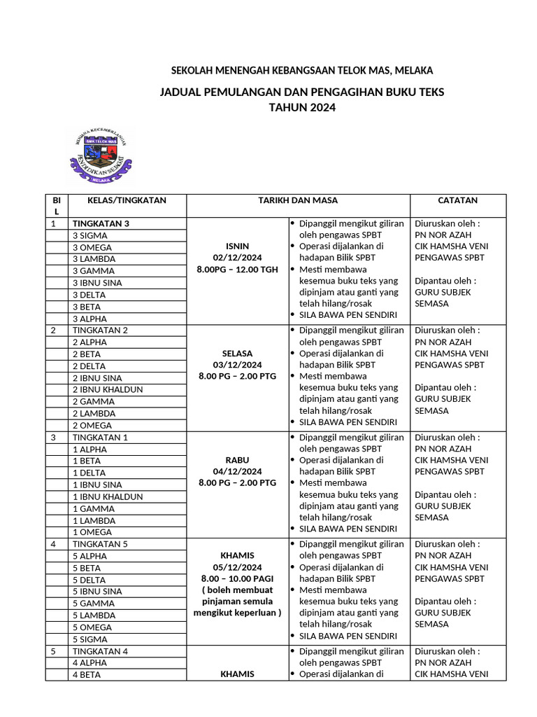 Jadual Pemulangan Buku Teks | PDF