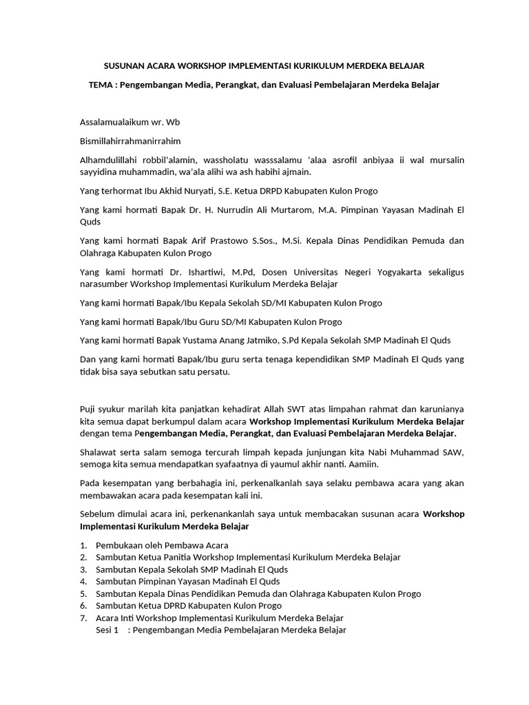 Susunan Acara Workshop Implementasi Kurikulum Merdeka Belajar | PDF