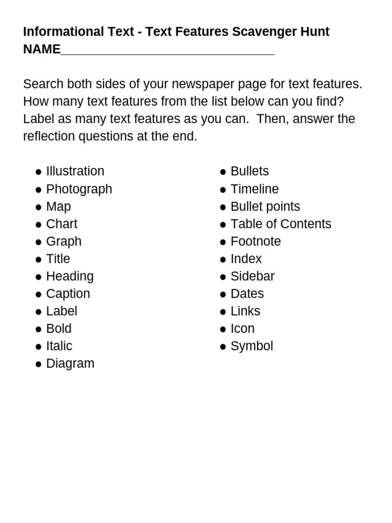 Info Text - Text Features Scavenger Hunt | PDF