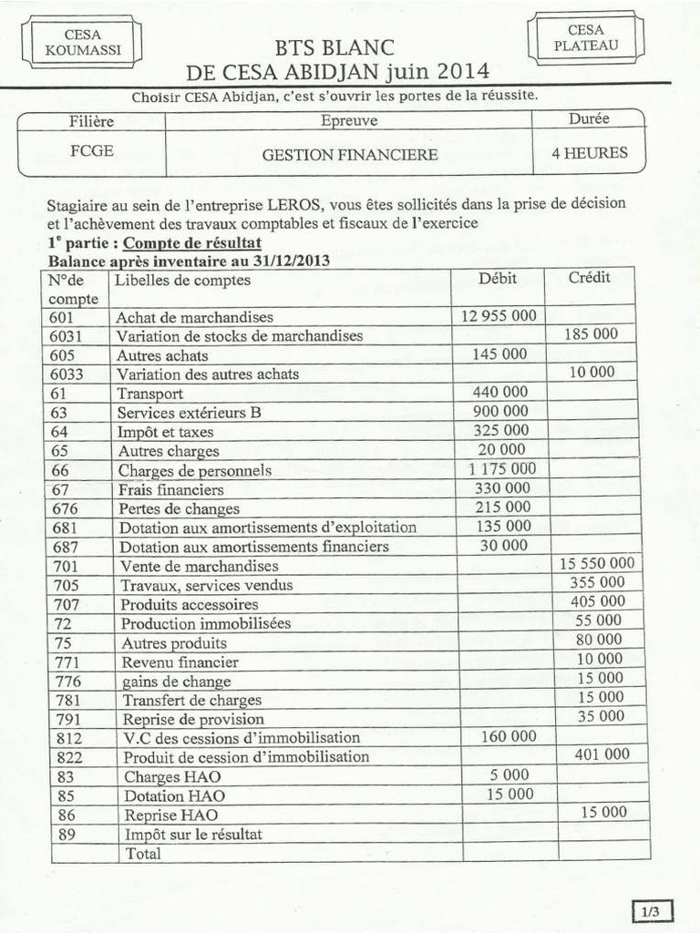 Sujet de Gestion Financiere Bts Blanc Filiere Fcge | PDF