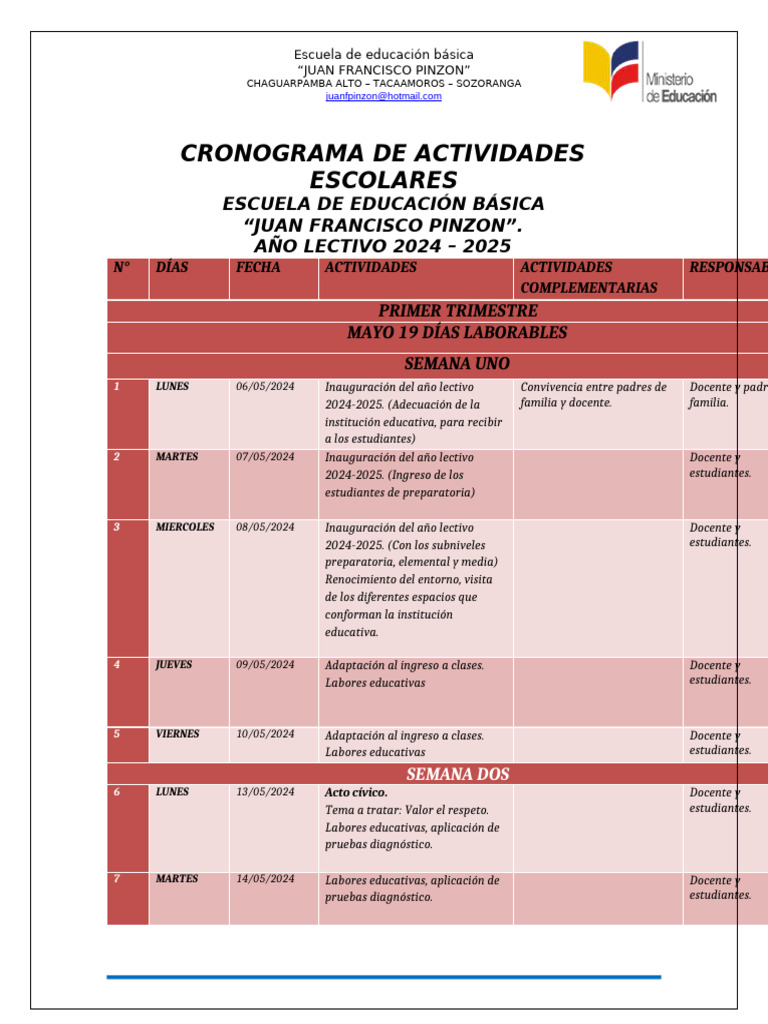 Cronograma Eeb. Juan Francisco Pinzon 2024 - 2025 | PDF | Escuelas ...