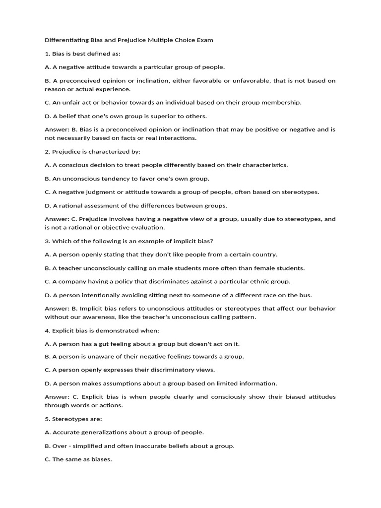 Differentiating Bias and Prejudice Quiz | PDF | Prejudices | Bias