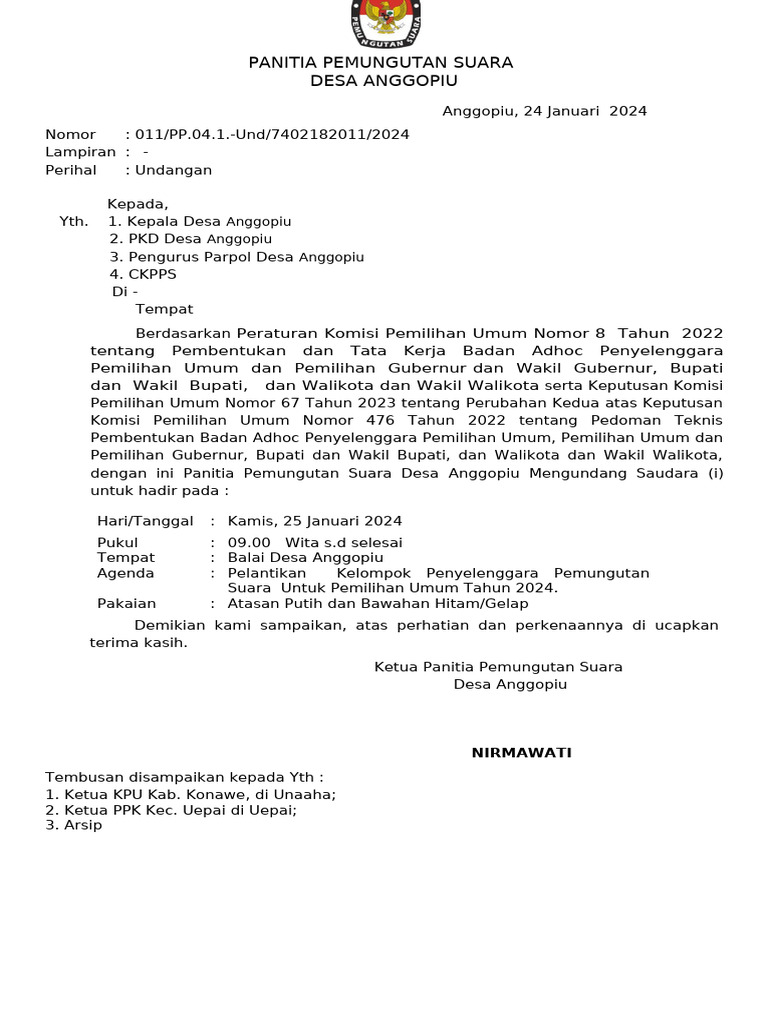 Undangan Pelantikan PPS Desa Anggopiu | PDF