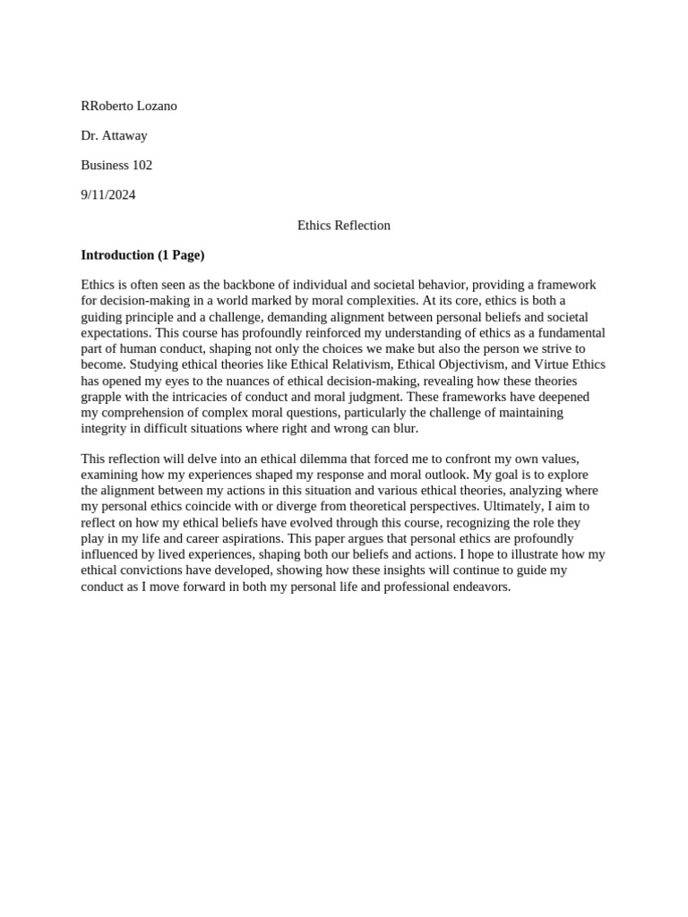 BUS 102 Ethics - Reflection Paper | PDF | Morality | Integrity