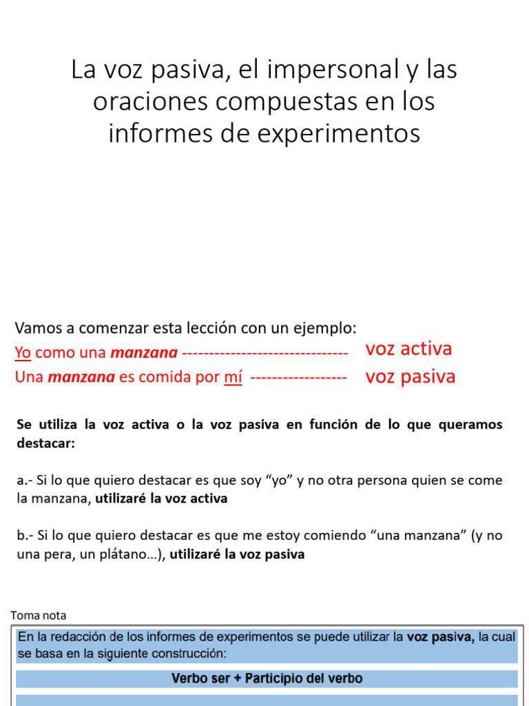 La Voz Pasiva, El Impersonal y Las Oraciones Compuestas | PDF