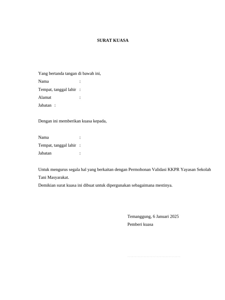 Surat Kuasa Mengurus Validasi KKPR | PDF