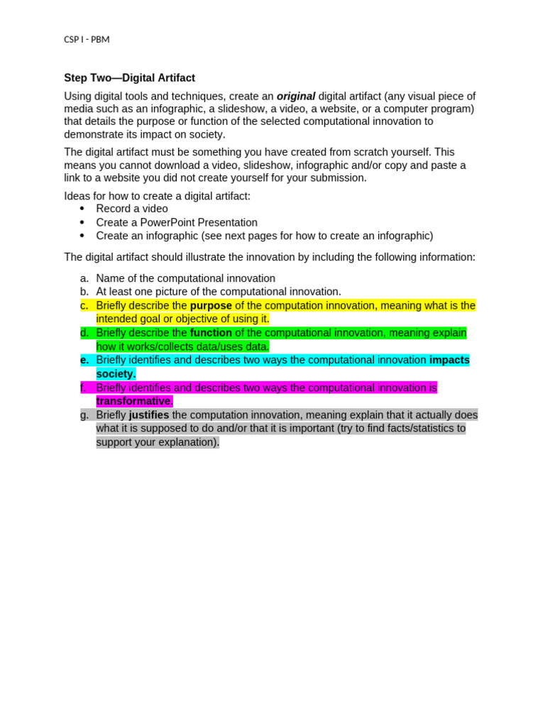 Step Two - Digital Artifact - DIRECTIONS | PDF
