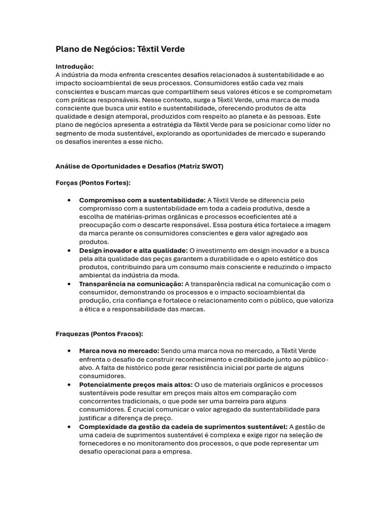 Plano de Negócio - Têxtil Verde. V3 | PDF | Marketing | Marca