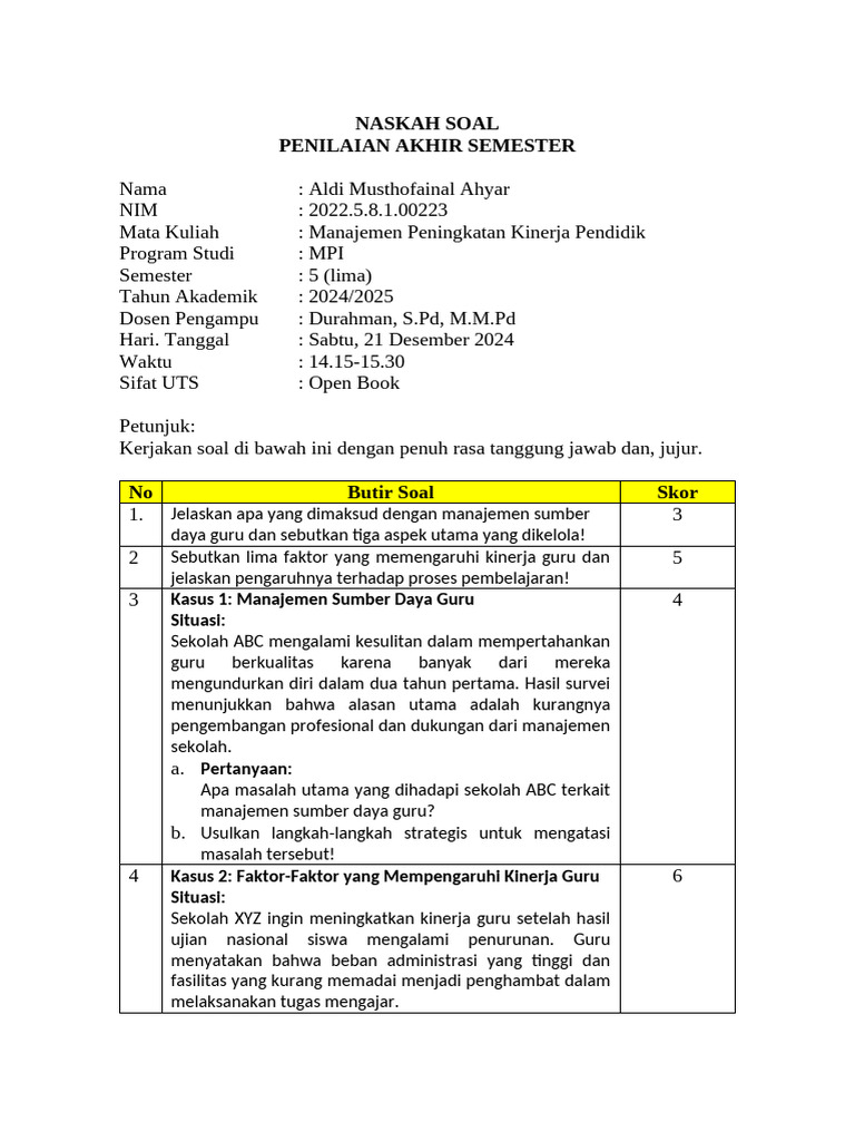 Soal Dan Jawaban Manajemen Peningkatan Kinerja Pendidik-Pas Mpi V (Aldi M - A) | PDF