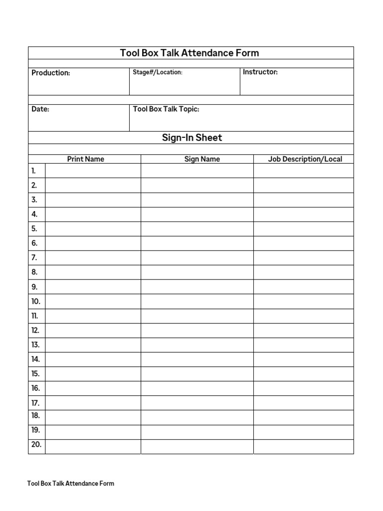 Tool Box Talk Sign-In Sheet | PDF