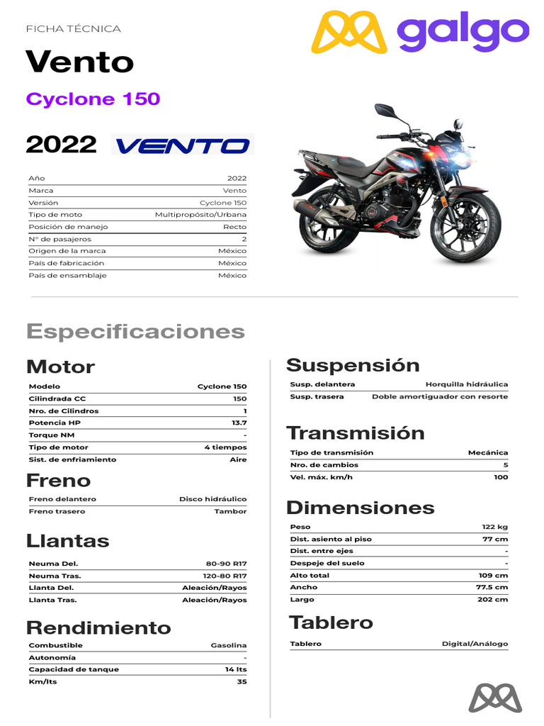 Especificaciones Vento Cyclone 150 2022 | PDF | Motocicleta | Coche