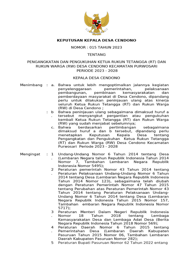 Pengangkatan Ketua RT/RW Cendono 2023 | PDF