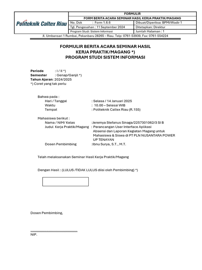 Berita Acara Seminar KP - Jeremya | PDF