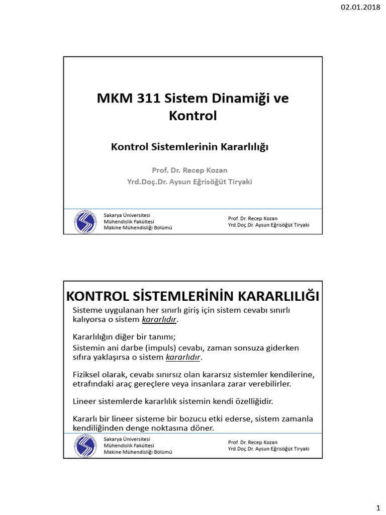 MKM 311 Sistem Dinamiği ve Kontrol_10_Kararlılık | PDF