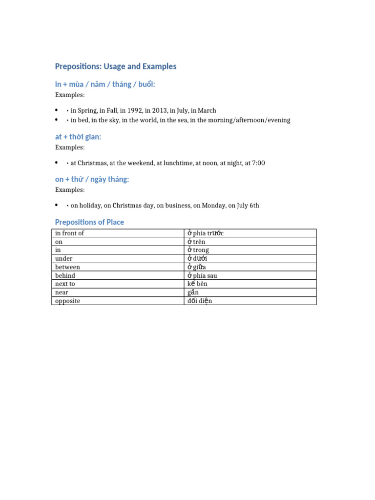 Prepositions Usage and Examples | PDF