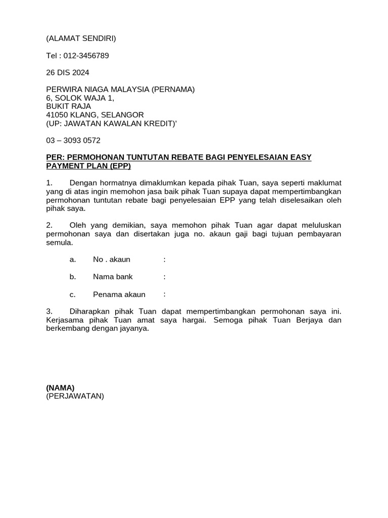 Contoh Permohonan Tuntutan Rebate Bagi Penyelesaian Easy Payment Plan | PDF