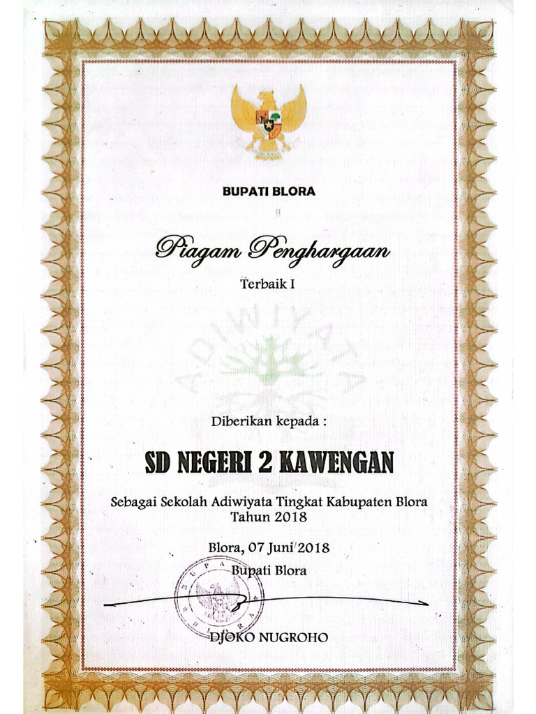 A. 1. Piagam Penghargaan Adiwiyata Kab. | PDF