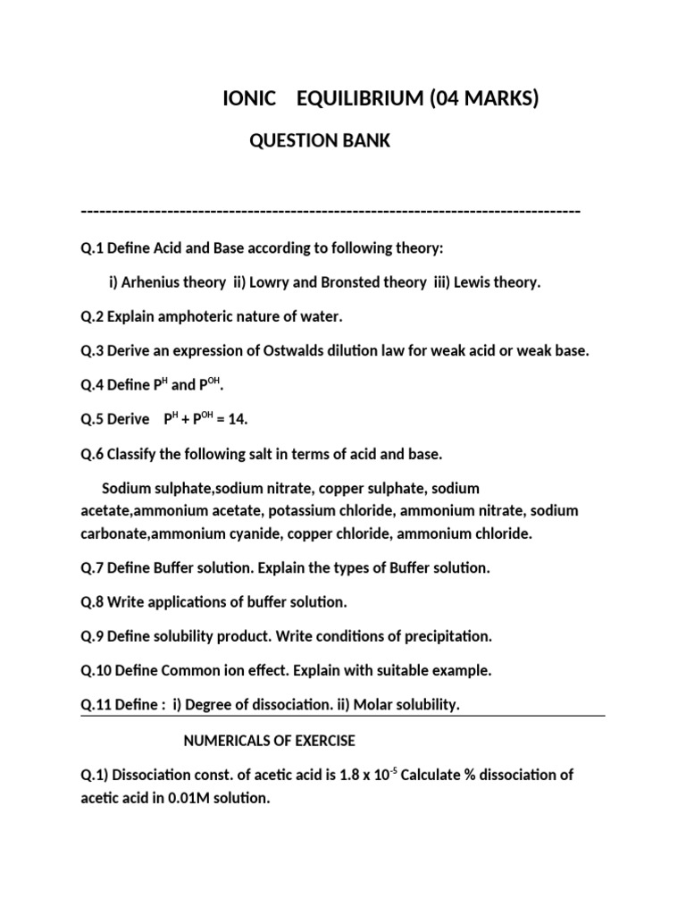 IONIC EQUILIBRIUM QUESTION BANK AND NUMERICALS OF EXERCISE | PDF | Buffer Solution | Acid