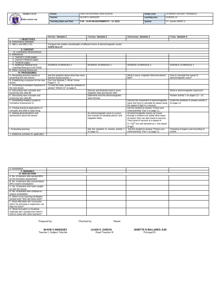 SCIENCE 10 DLL - 2nd Quarter | PDF | Electromagnetic Radiation ...