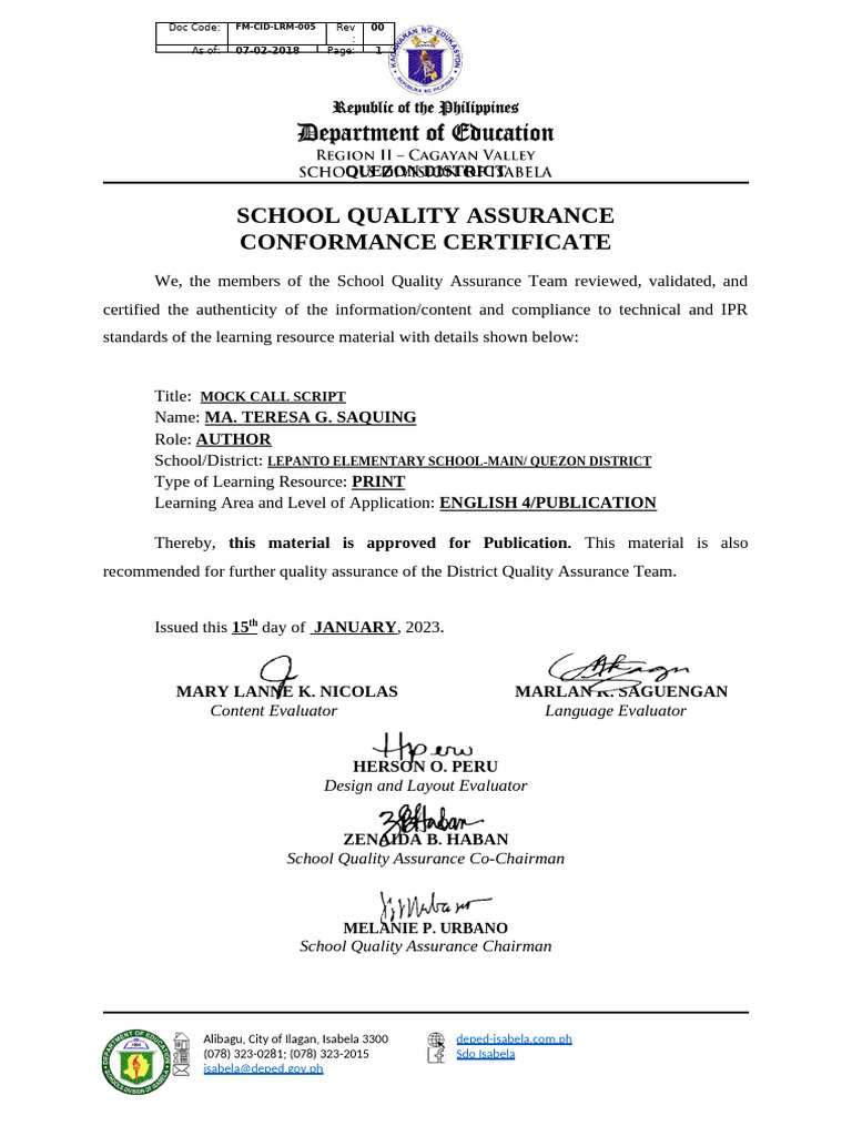 School Quality Assurance Conformance Certificate Pdf