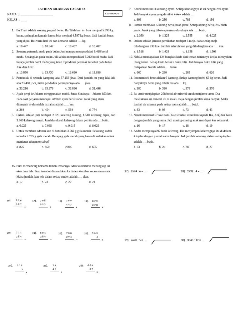 LATIHAN BILANGAN CACAH 13 (L13) | PDF