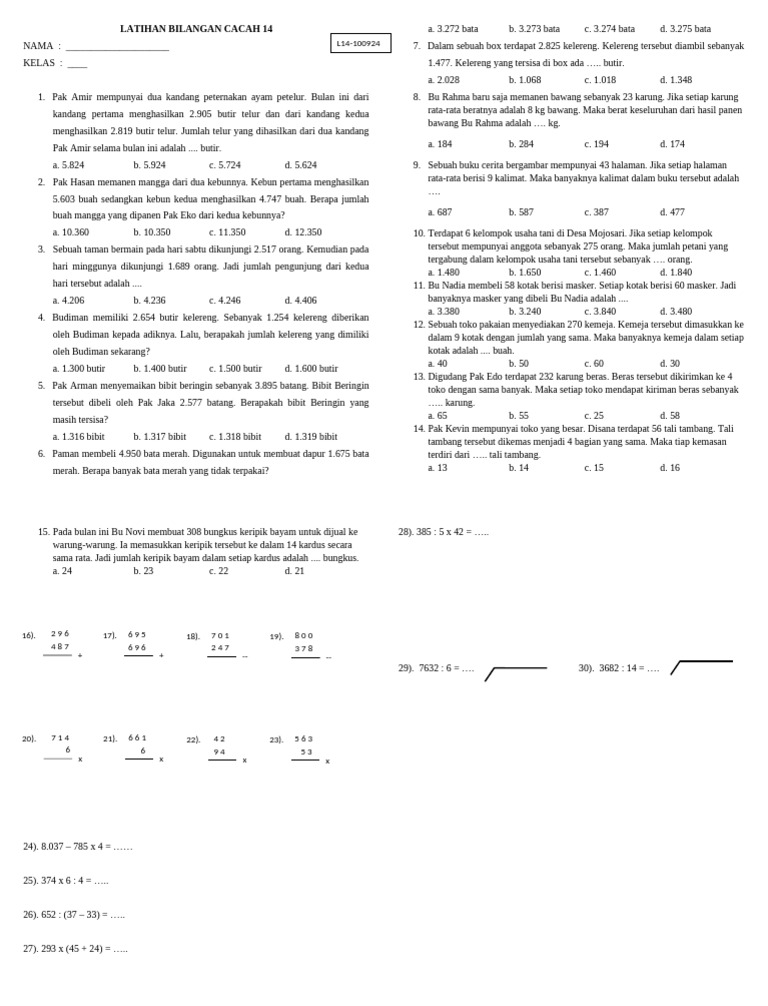 LATIHAN BILANGAN CACAH 14 (L14) | PDF