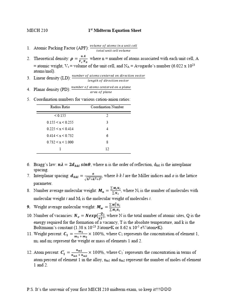 1st Midterm Equation Sheet | PDF | Molecular Mass | Mole (Unit)