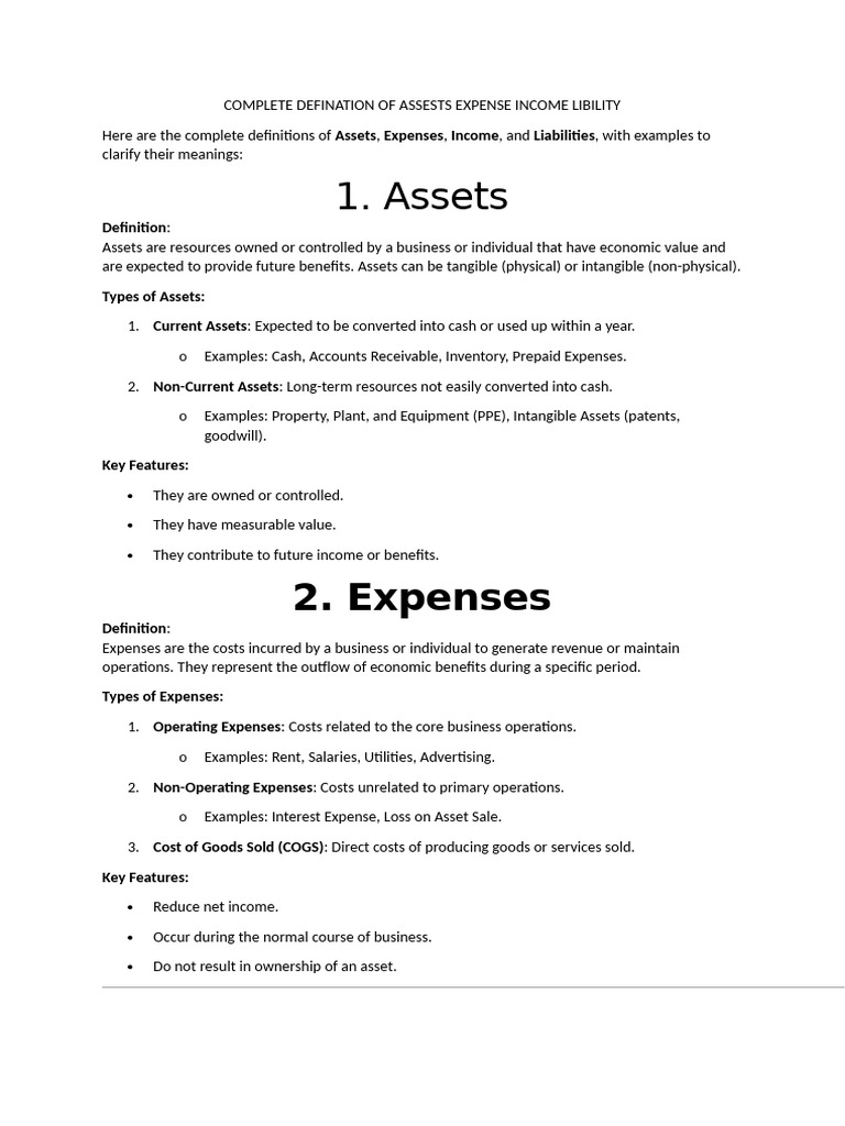 Complete Defination of Assests Expense Income Libility | PDF | Expense ...