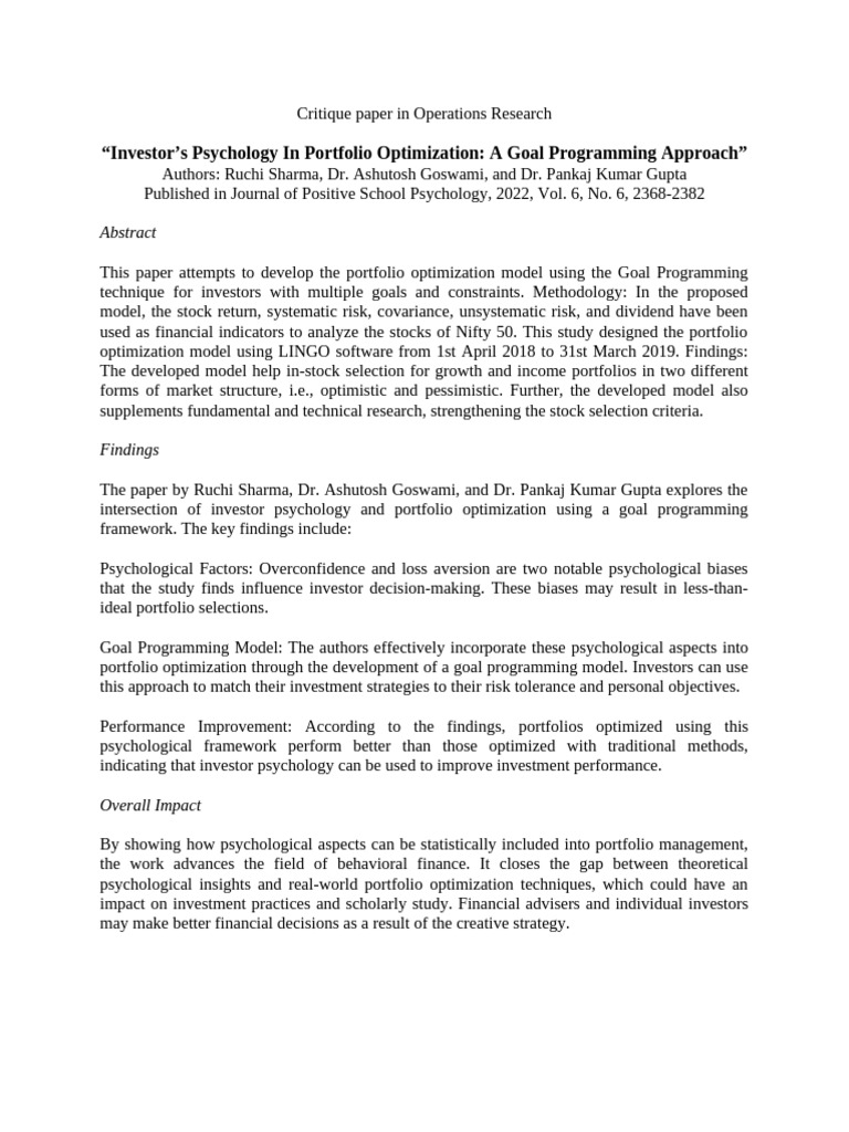 Critique Paper - Goal Programming | PDF | Behavioral Economics ...
