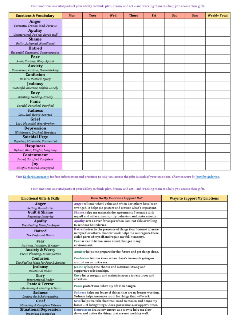 2 Page Adult Daily Emotions Chart | PDF | Jealousy | Fear