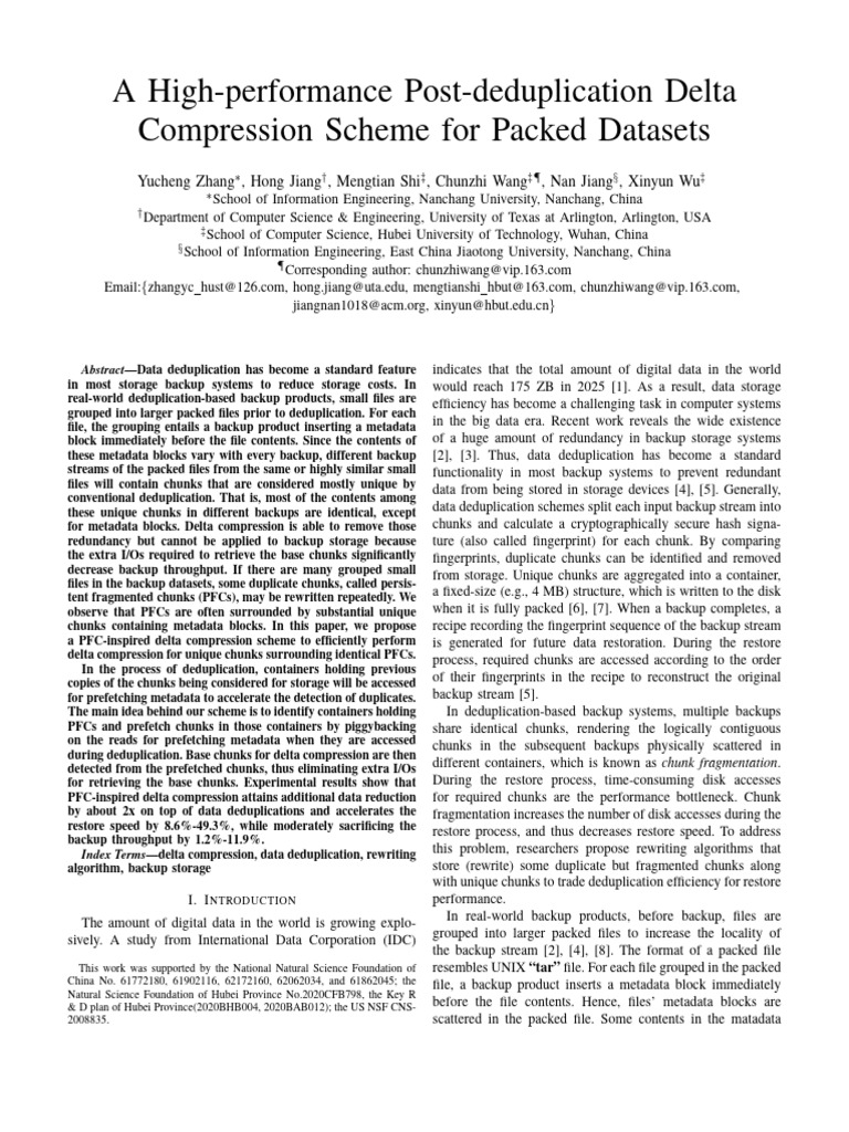 A High-Performance Post-Deduplication Delta Compression Scheme For Packed Datasets | PDF ...