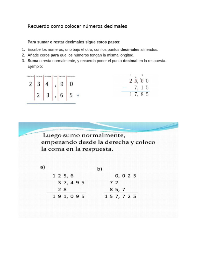 Recuerdo como colocar números decimales | PDF